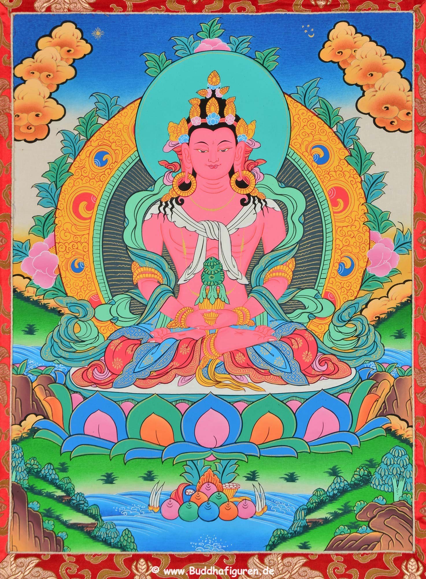 Thangka Amitayus im tibetischen Brokatrahmen
